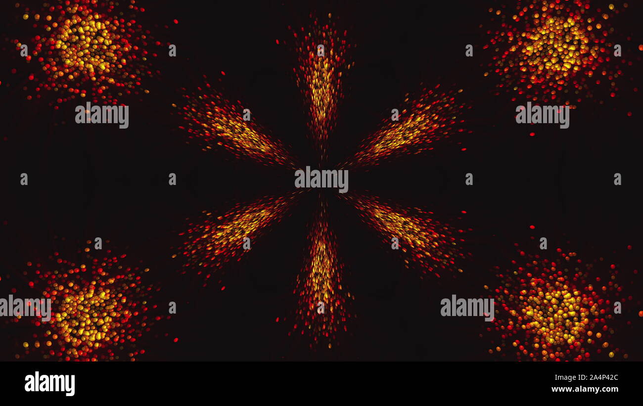 3D rendering radiation from the center of golden particles on a black ...