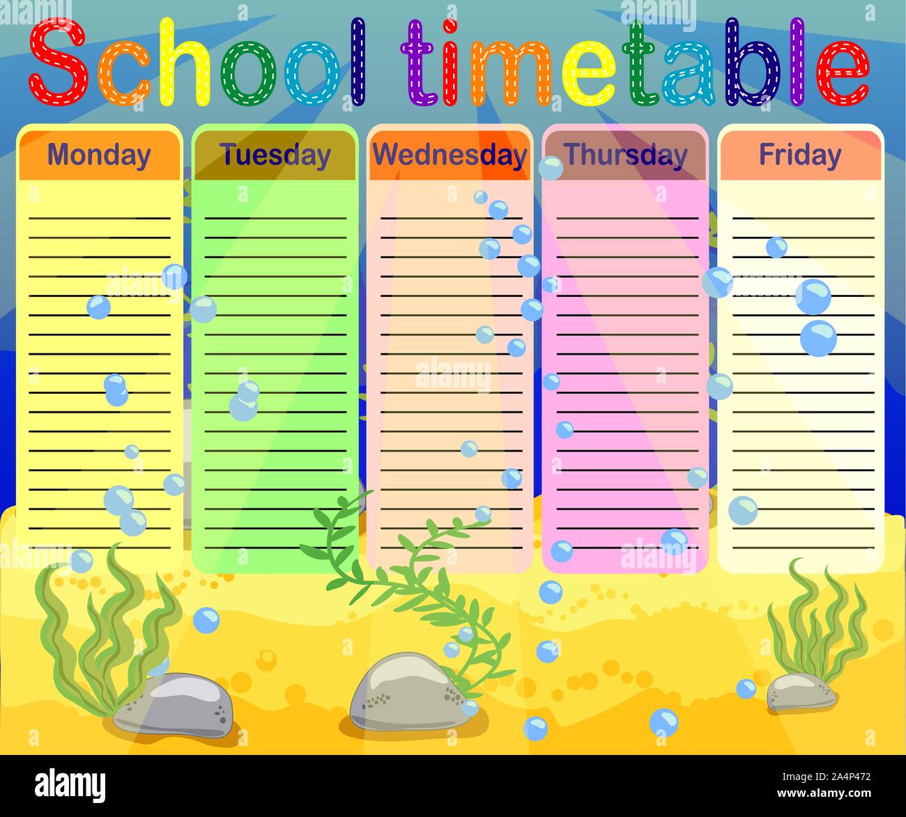 School timetable with marine themes, table, underwater world Stock ...