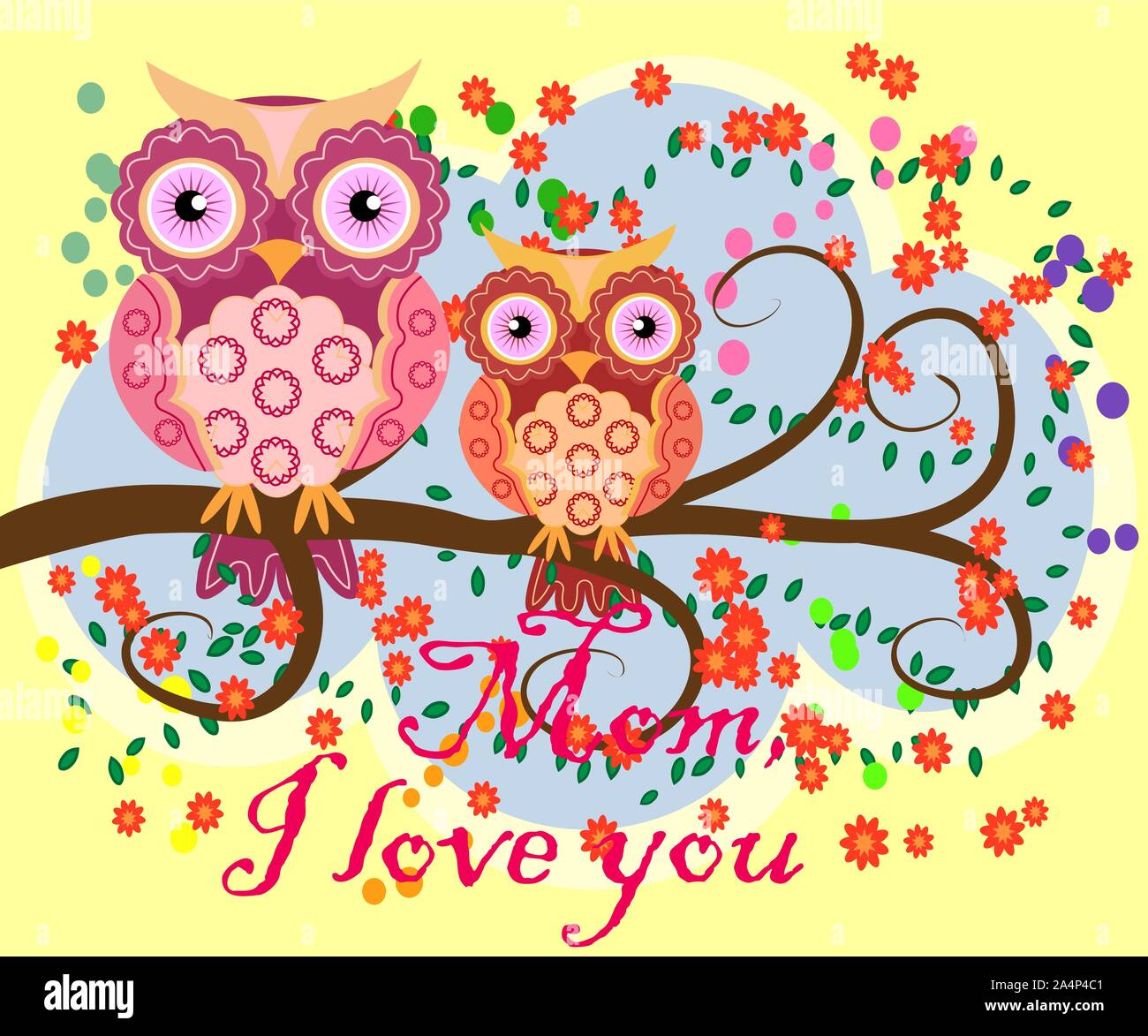 Mother's day owl. Cute illustration of happy mother and kid owl sitting ...