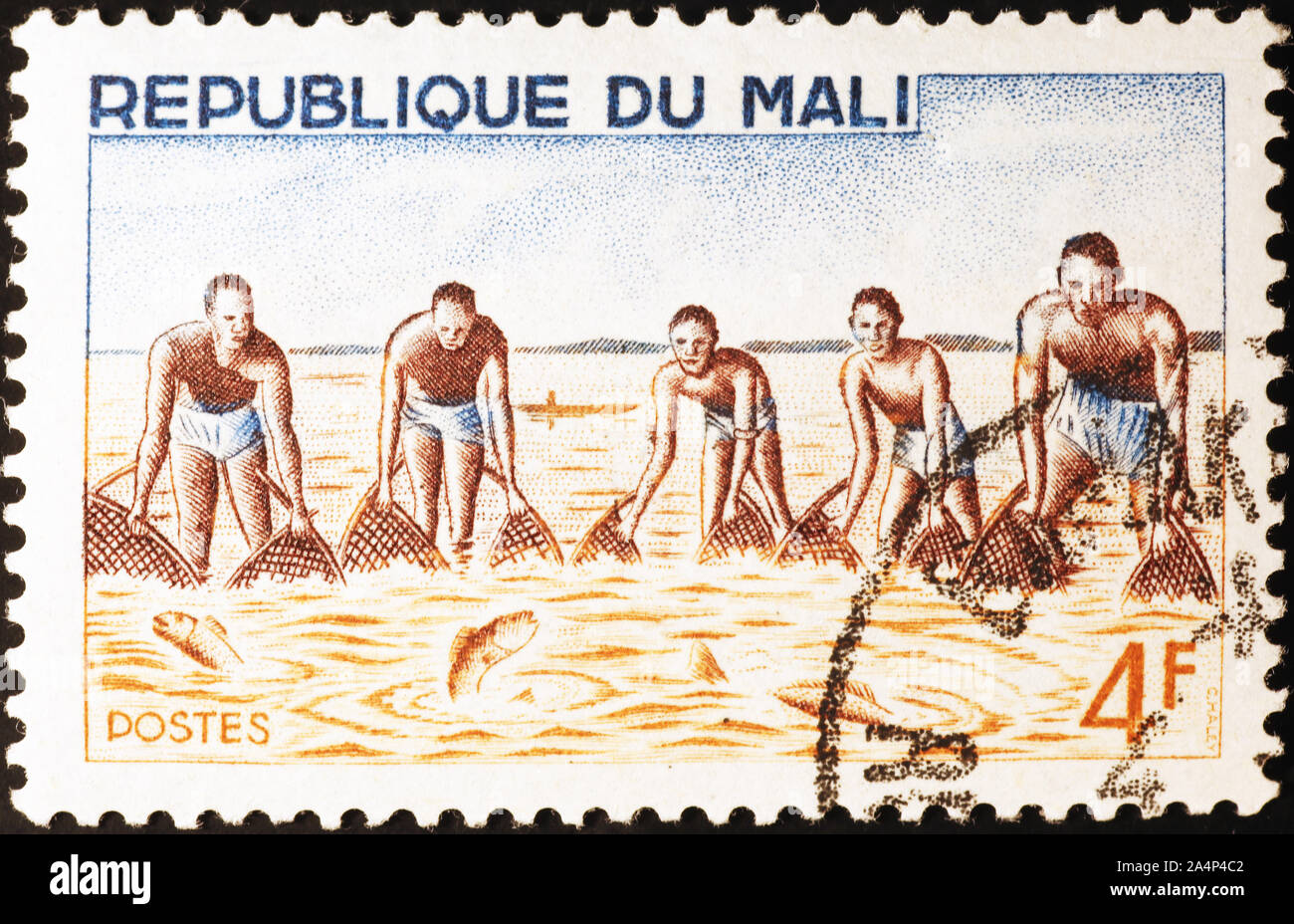 Men fishing on postage stamp of Mali Stock Photo - Alamy