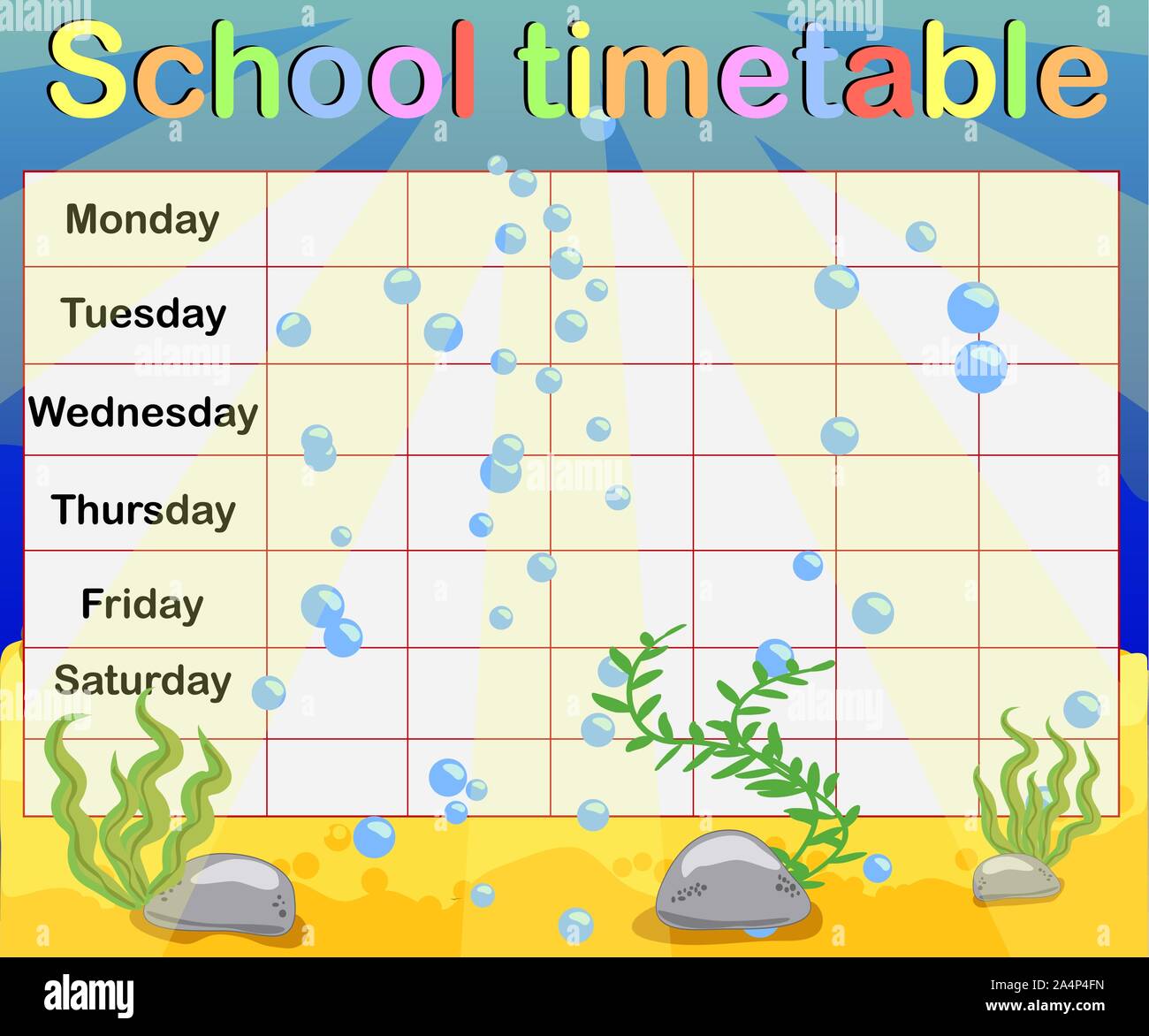 School timetable with marine themes, table, underwater world Stock ...