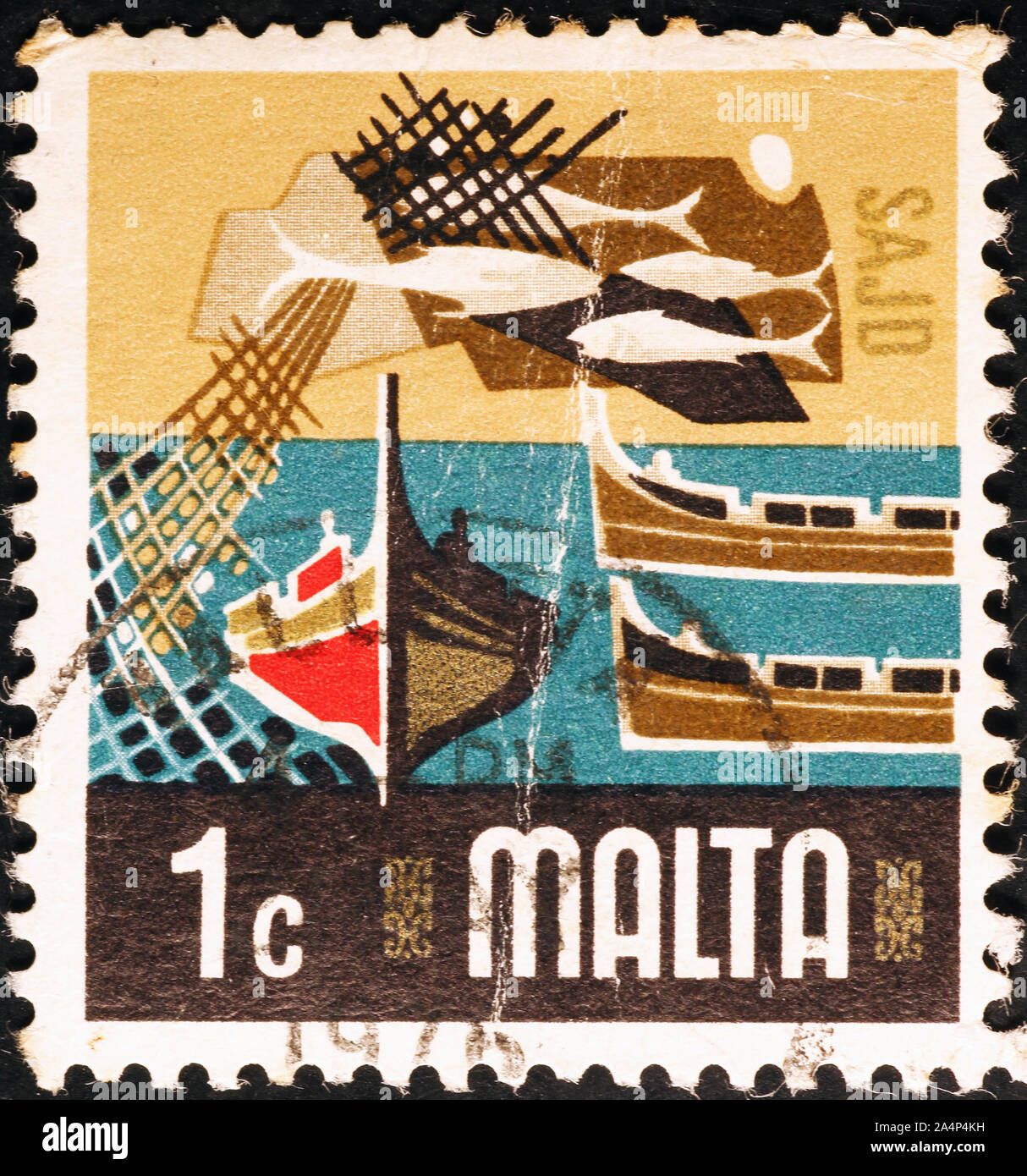 Boats of fishermen on postage stamp of Malta Stock Photo - Alamy
