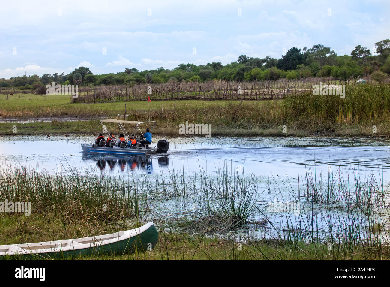 Group of tourists in a boat in Okavango Delta, in Kasane and Maun ...
