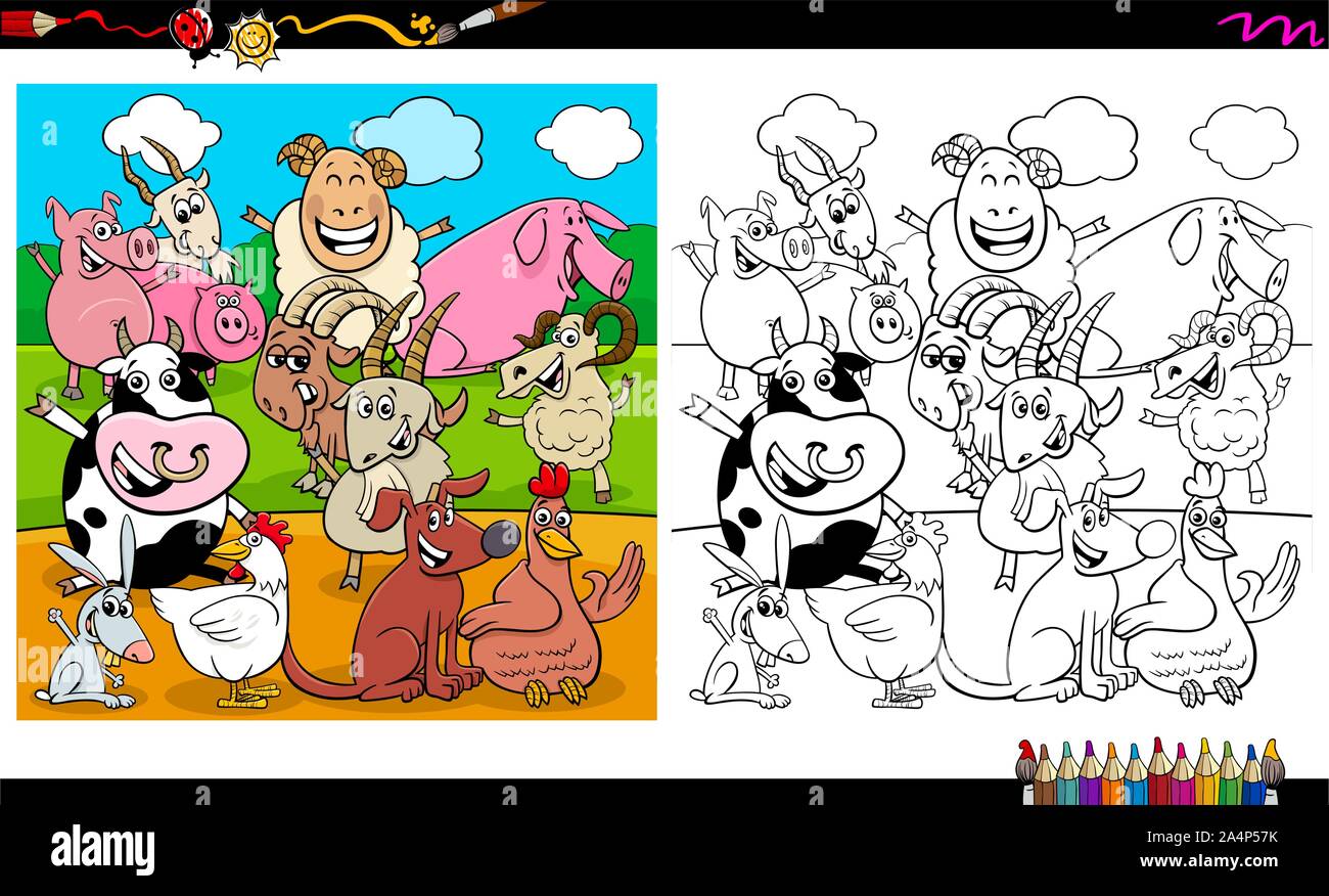 Cartoon Illustration of Happy Farm Animal Characters Group Coloring ...
