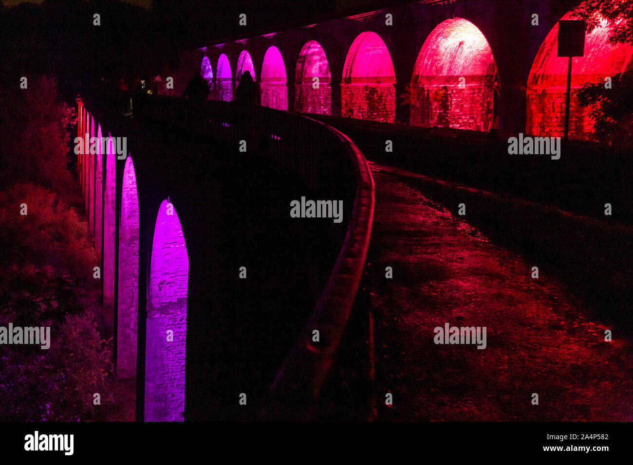 Chirk aqueduct and viaduct, Wales, at night with illuminations Stock ...