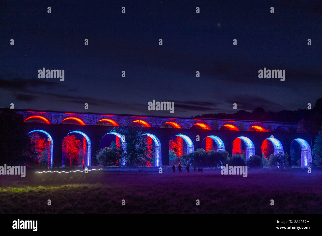Chirk aqueduct and viaduct, Wales, at night with illuminations Stock ...