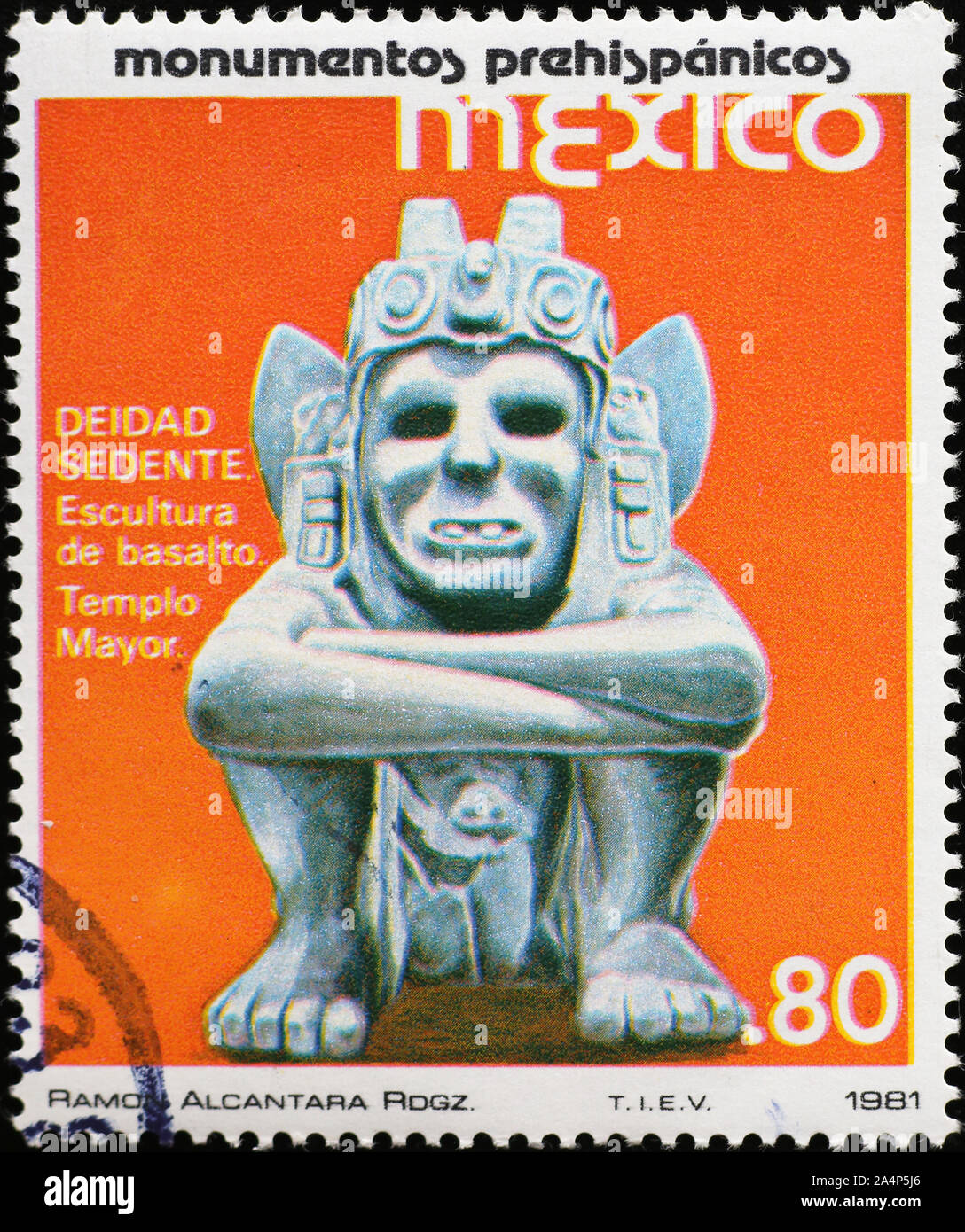 Aztec sculpture of deity sitting on postage stamp Stock Photo - Alamy