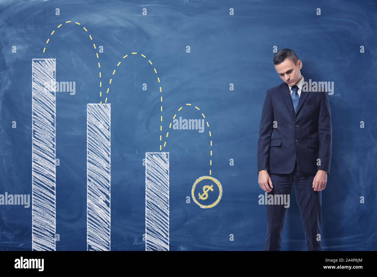 Businessman standing upset and column diagram with a dollar sign ...