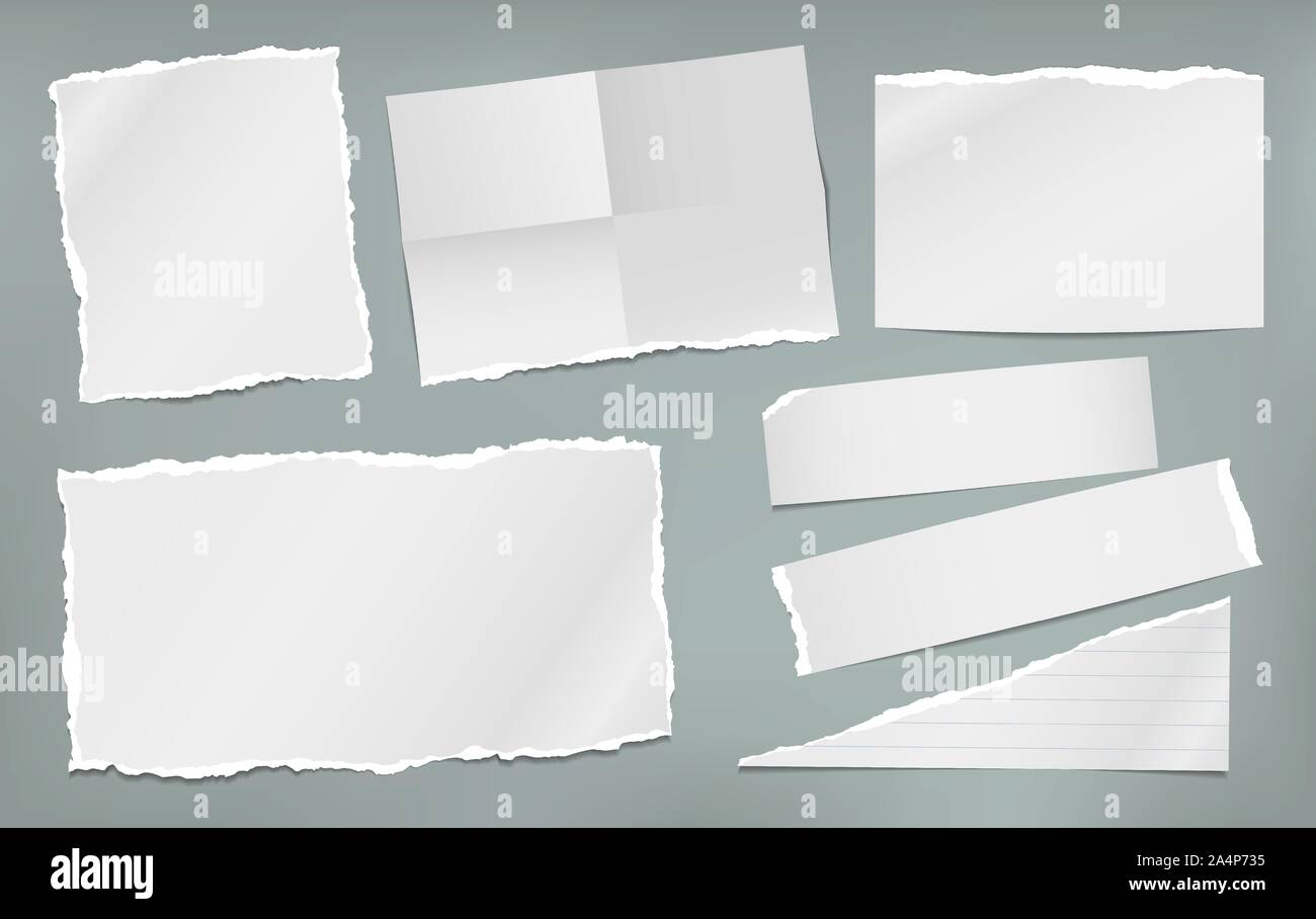 Torn white and folded note, notebook paper pieces stuck on green ...