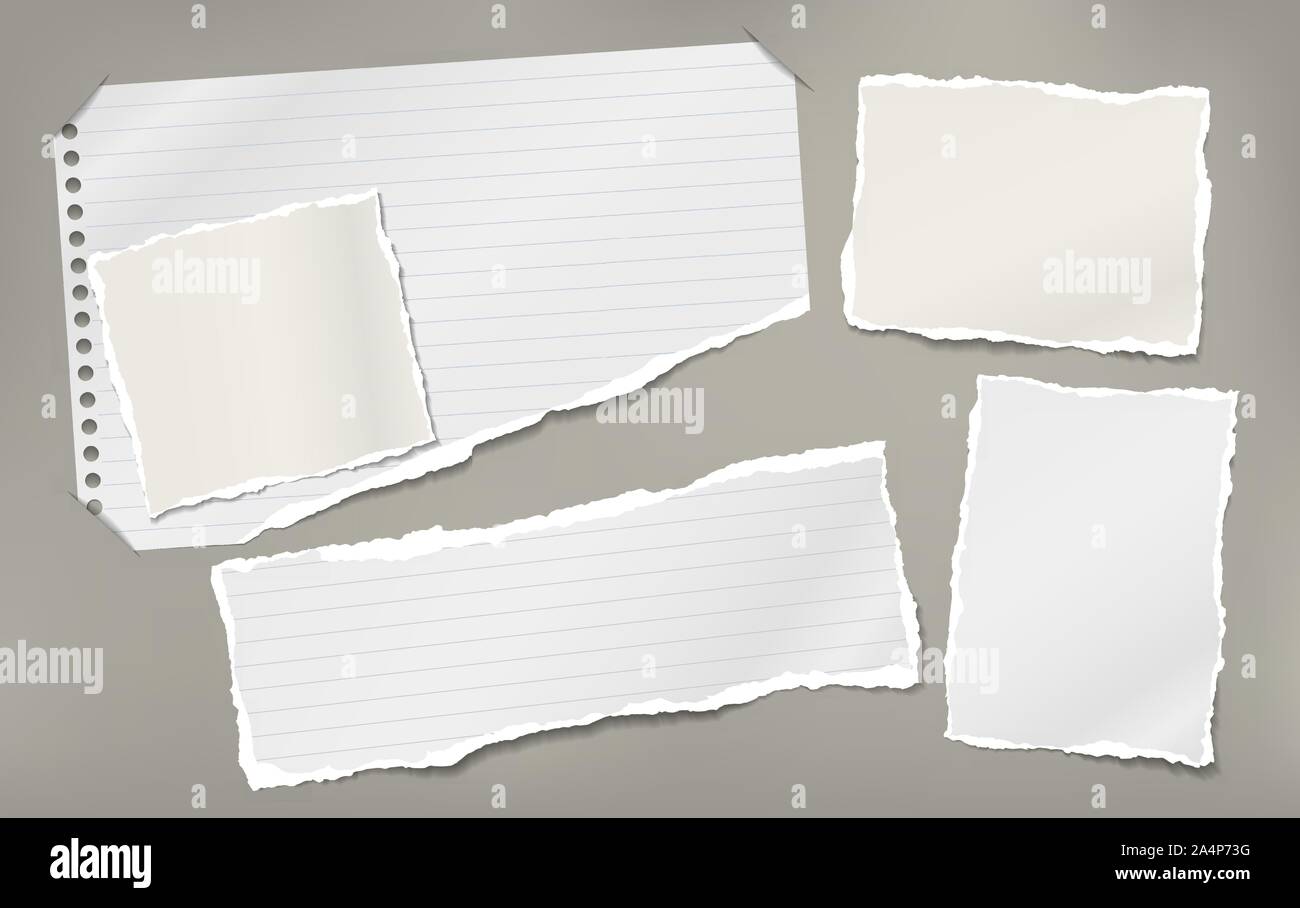 Torn white and lined note, notebook paper pieces stuck on brown ...