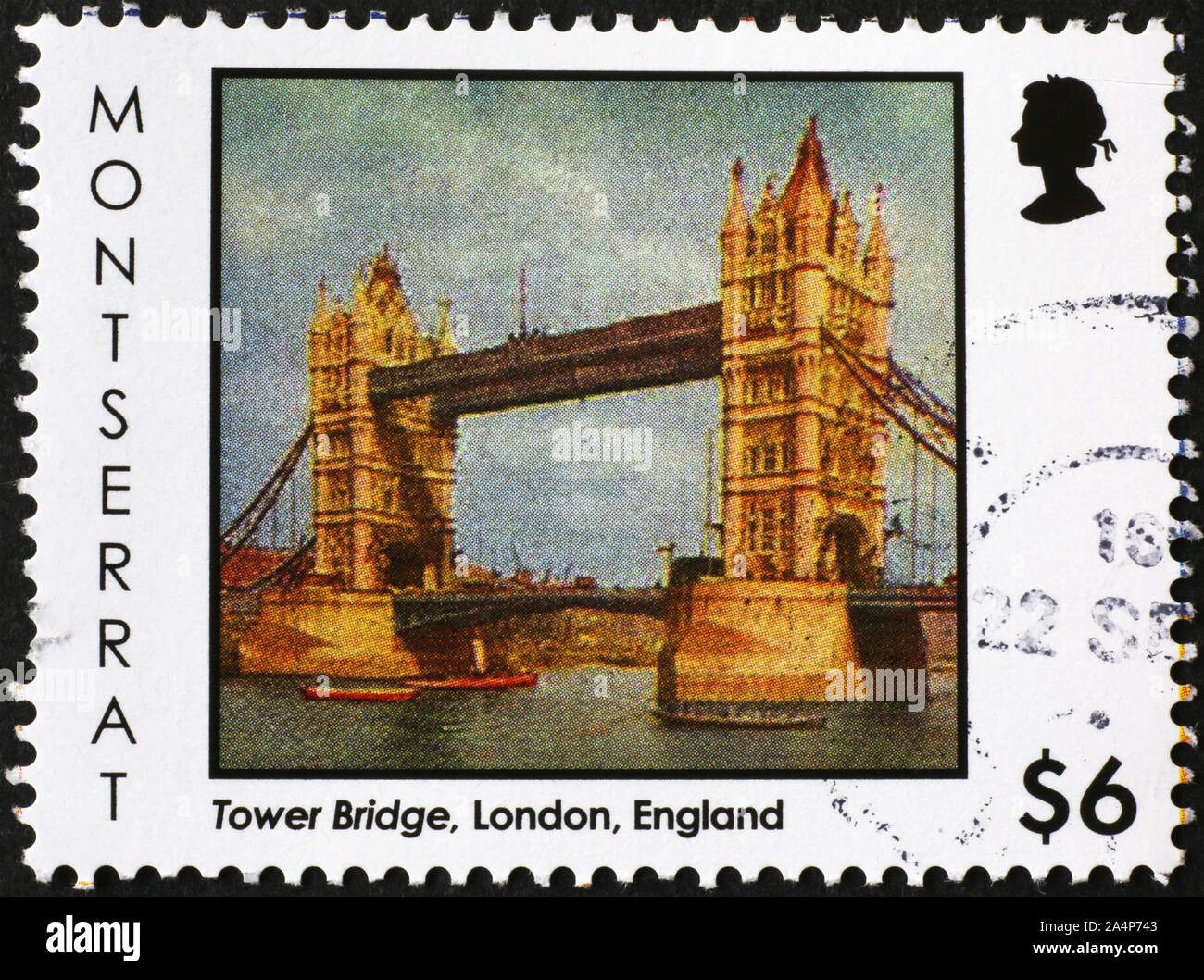 Tower bridge of London on stamp of Montserrat Stock Photo - Alamy