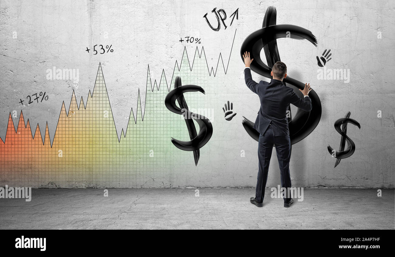 Businessmen on colorful profit chart background placing hands on a wall ...