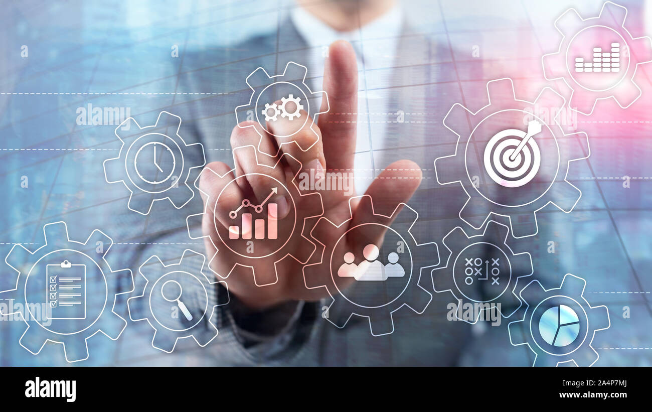 Business process automation concept. Gears and icons on abstract ...