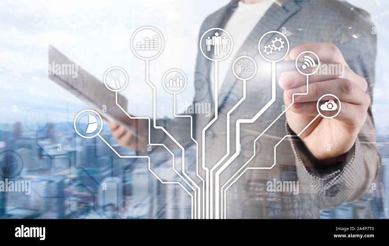 Business applications icons on blurred background. Financial and ...