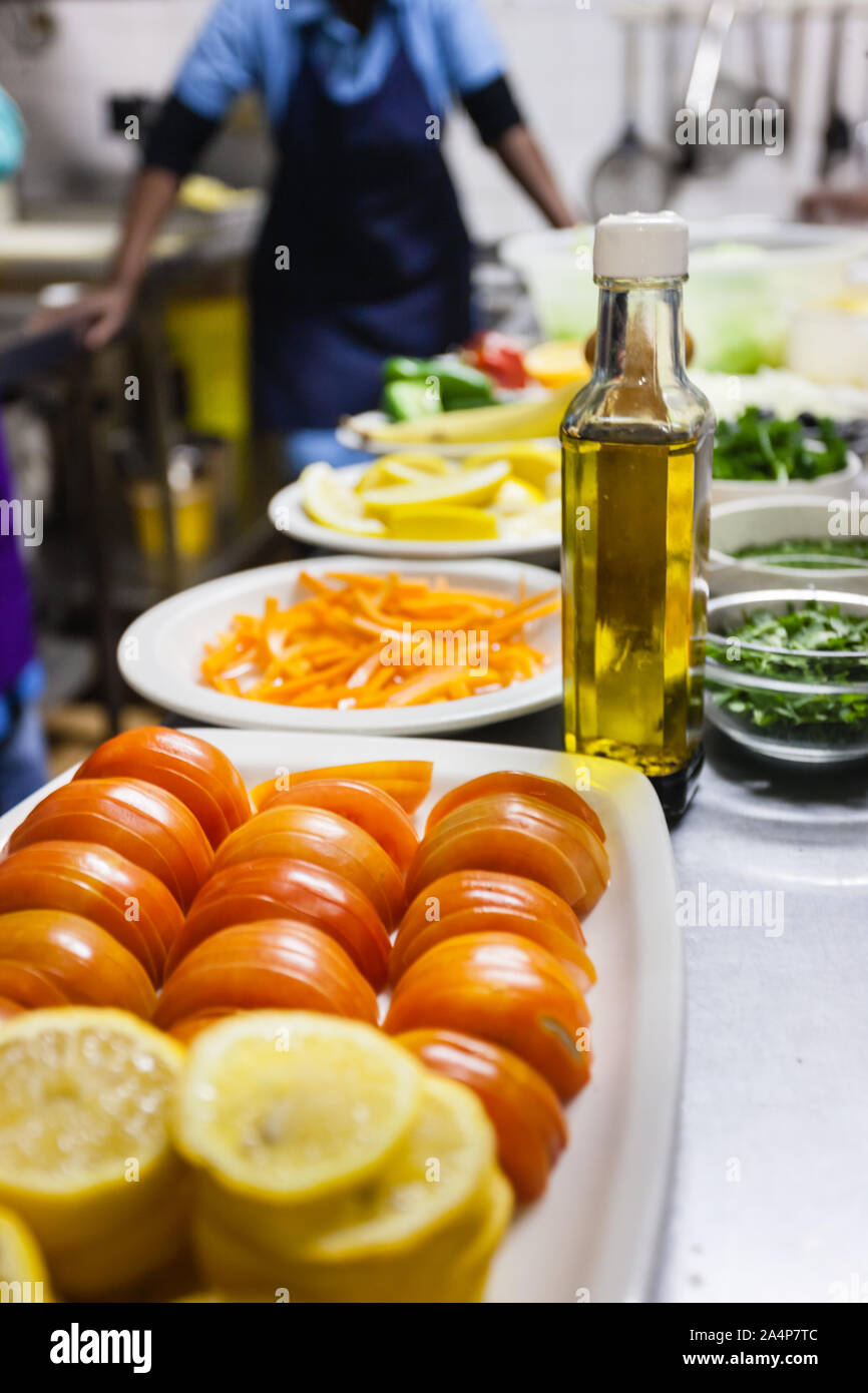 Healthy ingredients on a restaurant kitchen table, ready to go for the ...