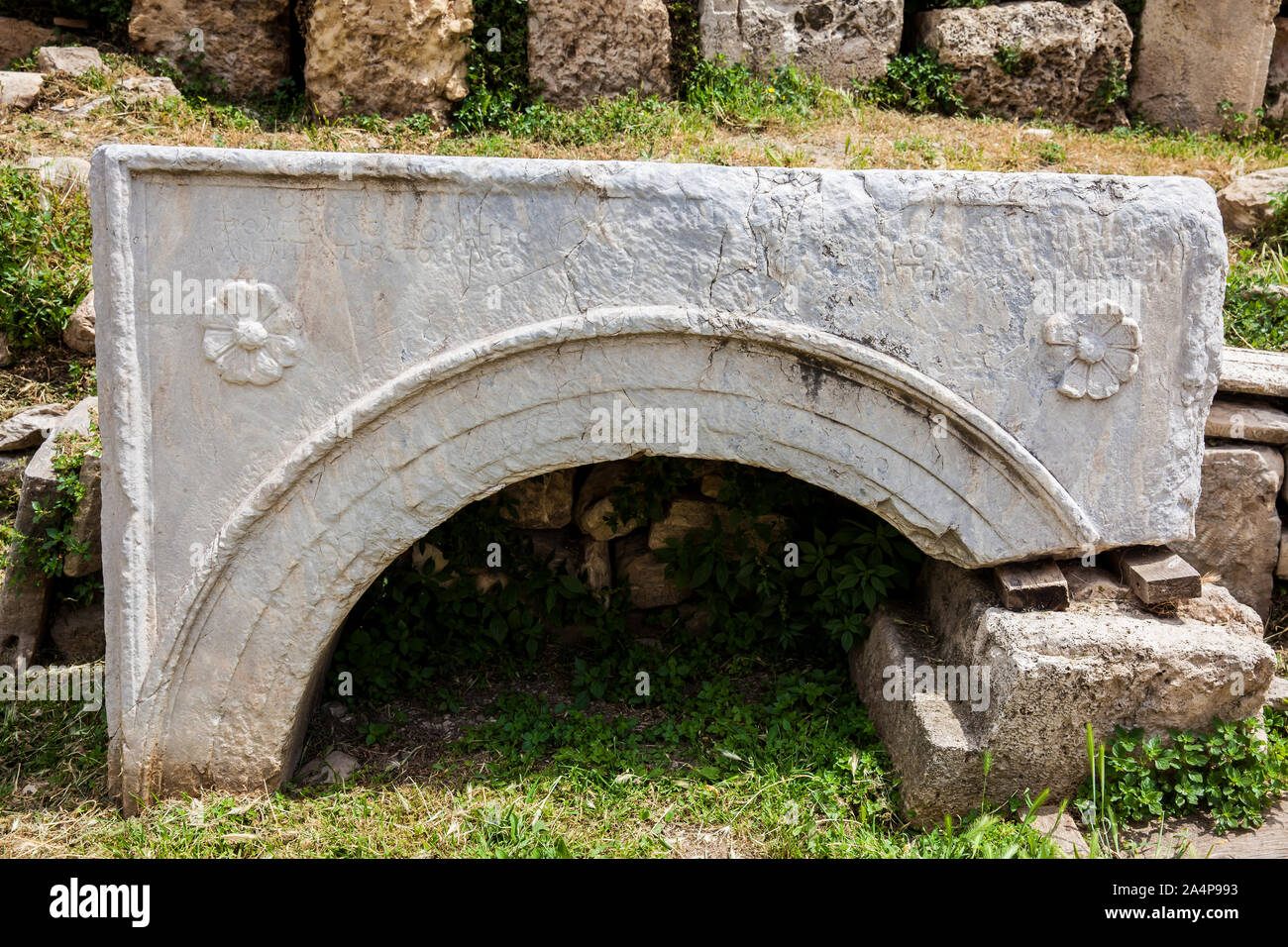 Detail of the carvings at the ancient ruins on the Roman Agora located ...