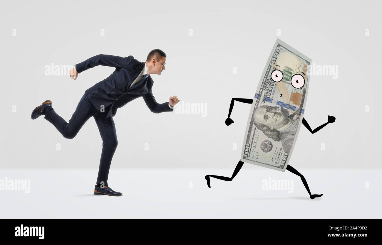 A businessman running after a confused dollar bill with arms and legs ...