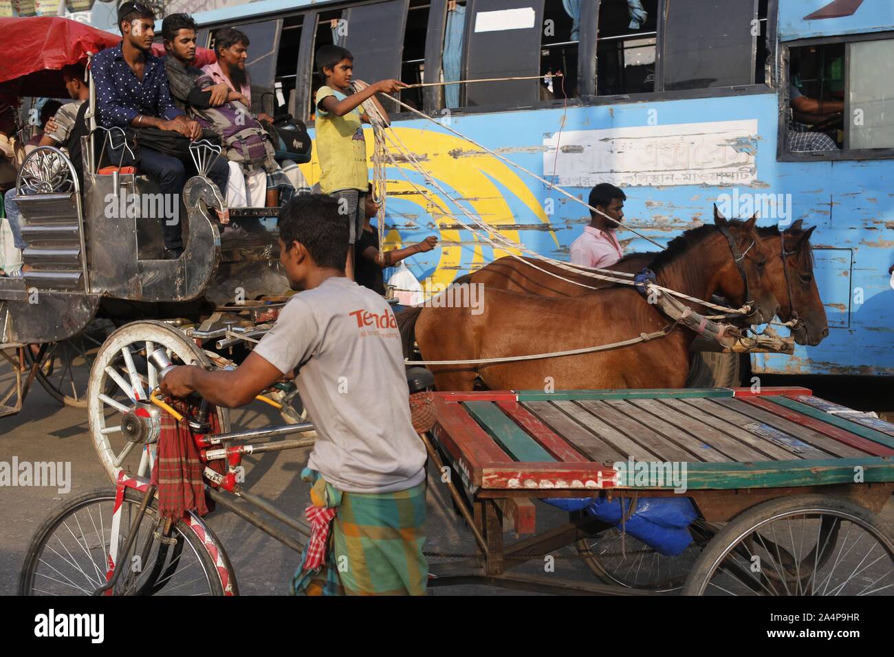 October 16, 2019, Dhaka, Bangladesh: Two horses carry passengerâ€™s chart on a street in Dhaka ...
