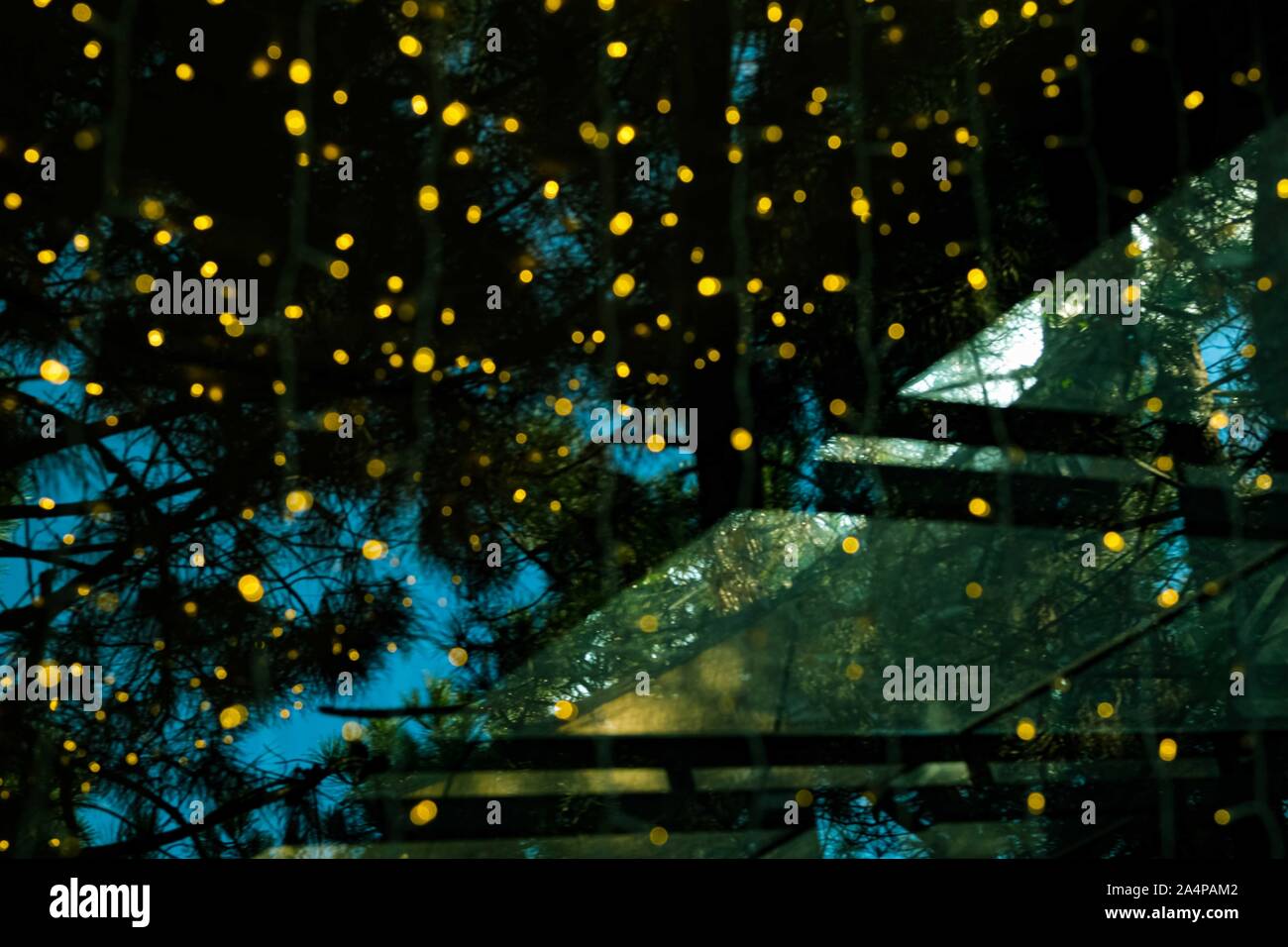 Christmas blurred decorative holiday lights reflected in window with ...