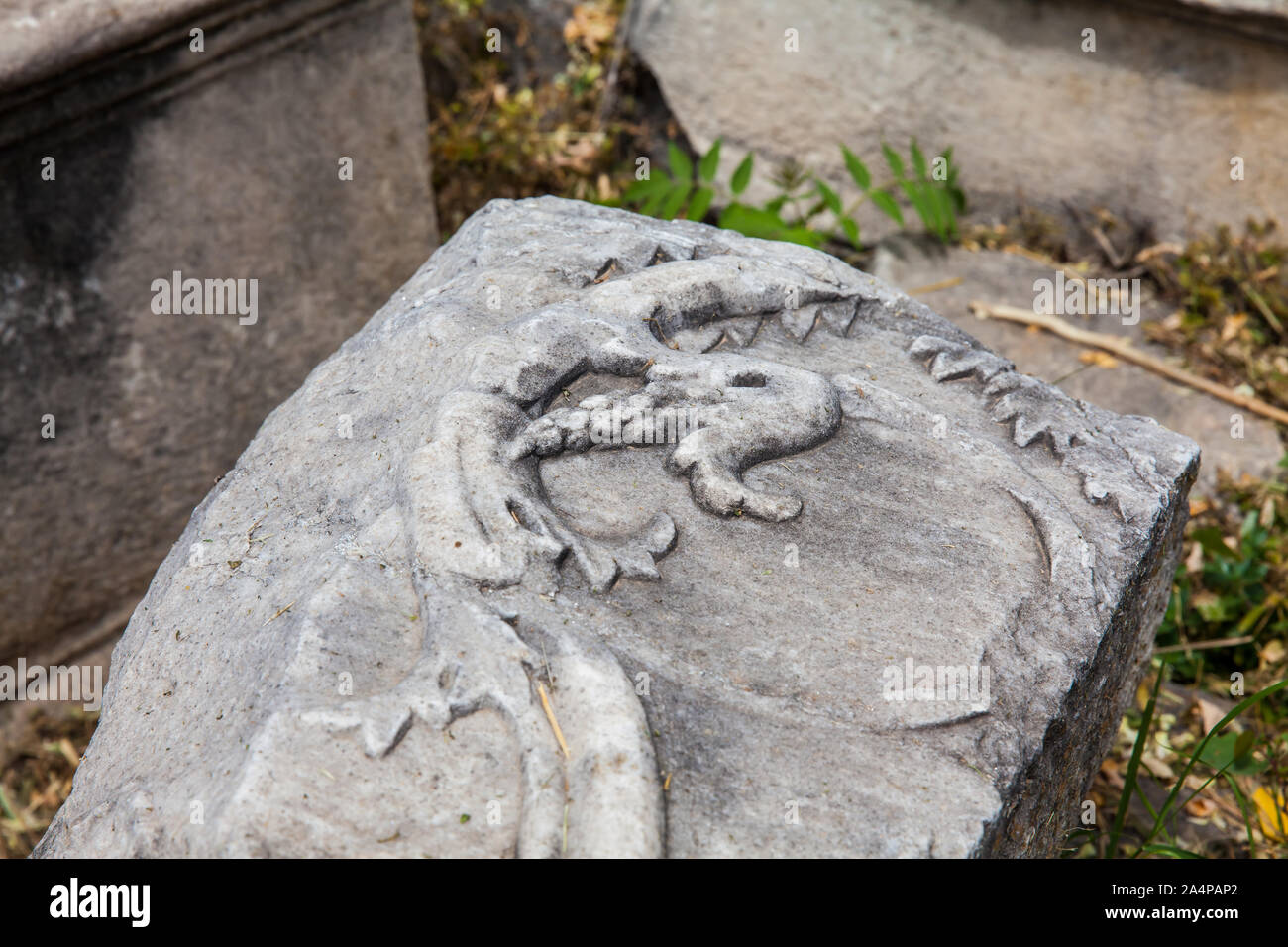 Detail of the carvings at the ancient ruins on the Roman Agora located ...