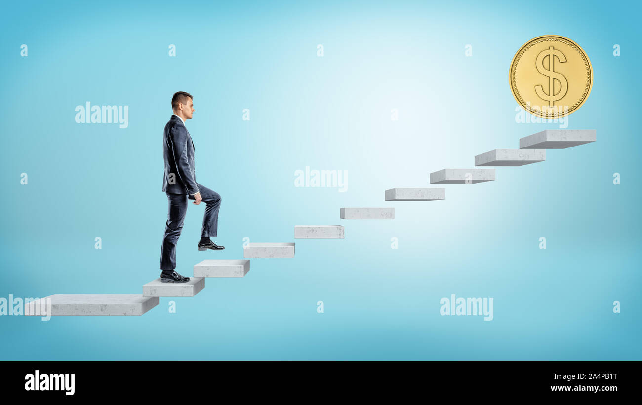 A businessman on blue background walking up a concrete block stairs ...