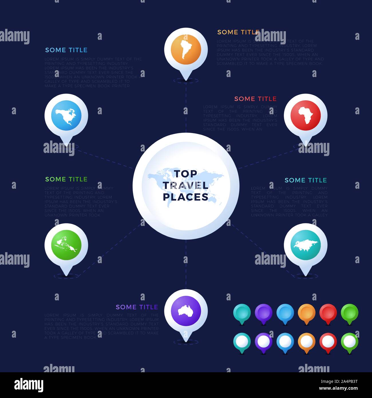 World travel map infographic template, color icons as data ...