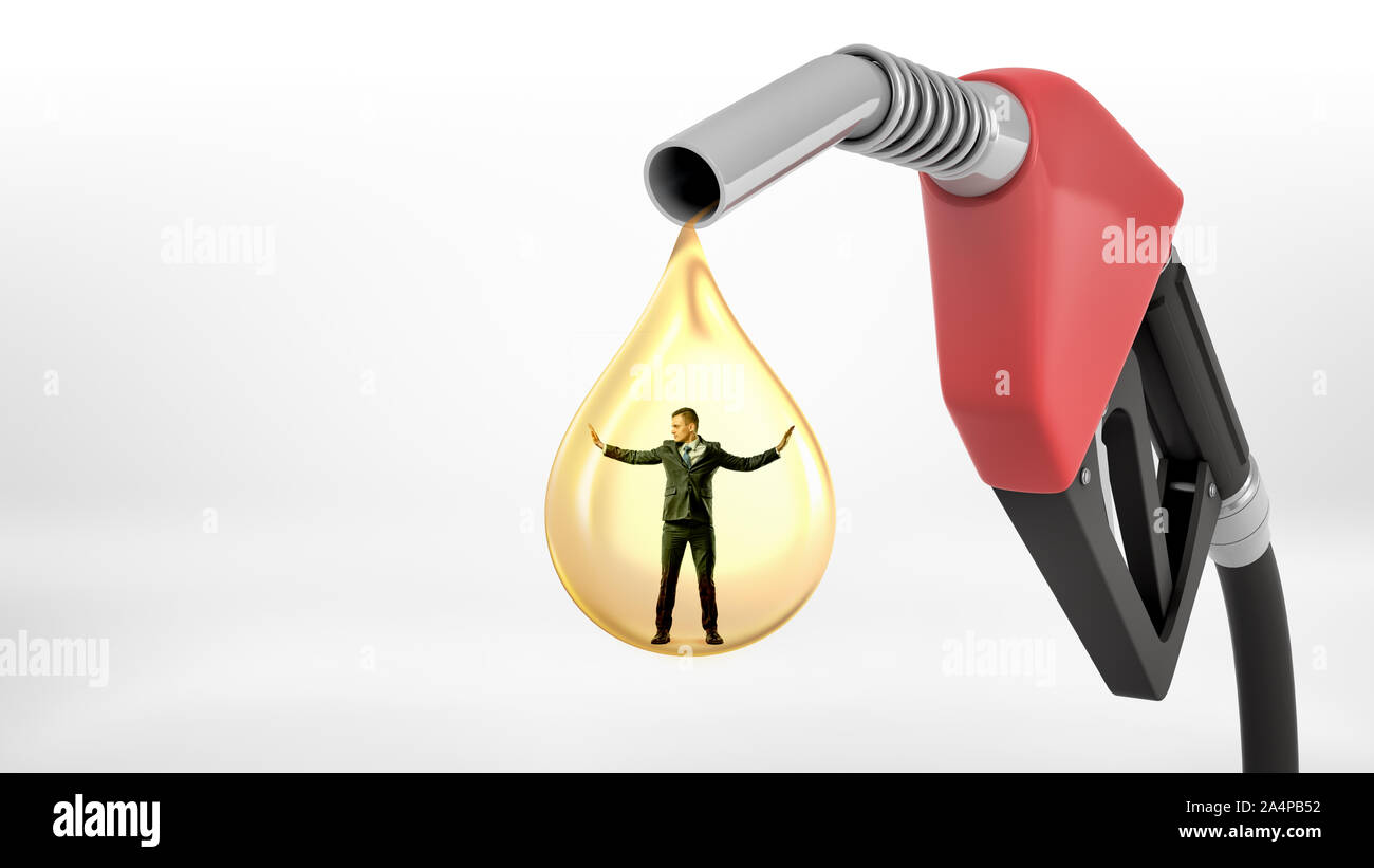 A large red gas nozzle leaking a giant yellow oil drop with a tiny ...