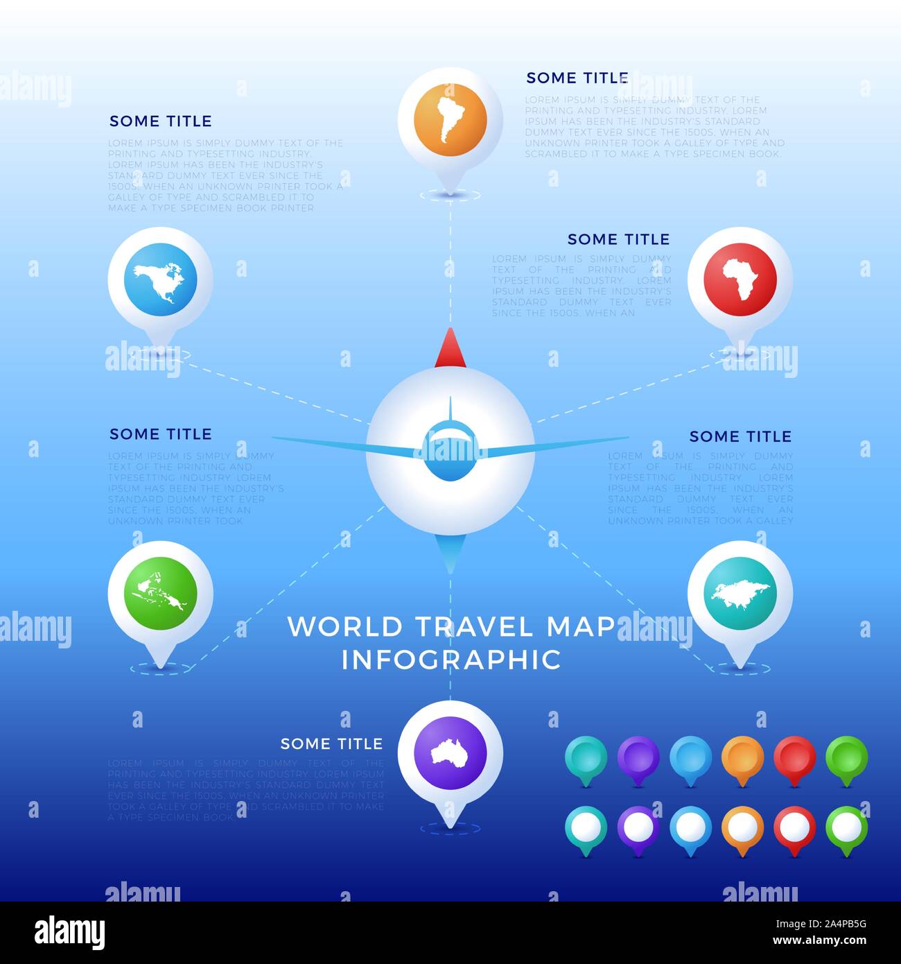 World travel map infographic template, color icons as data ...