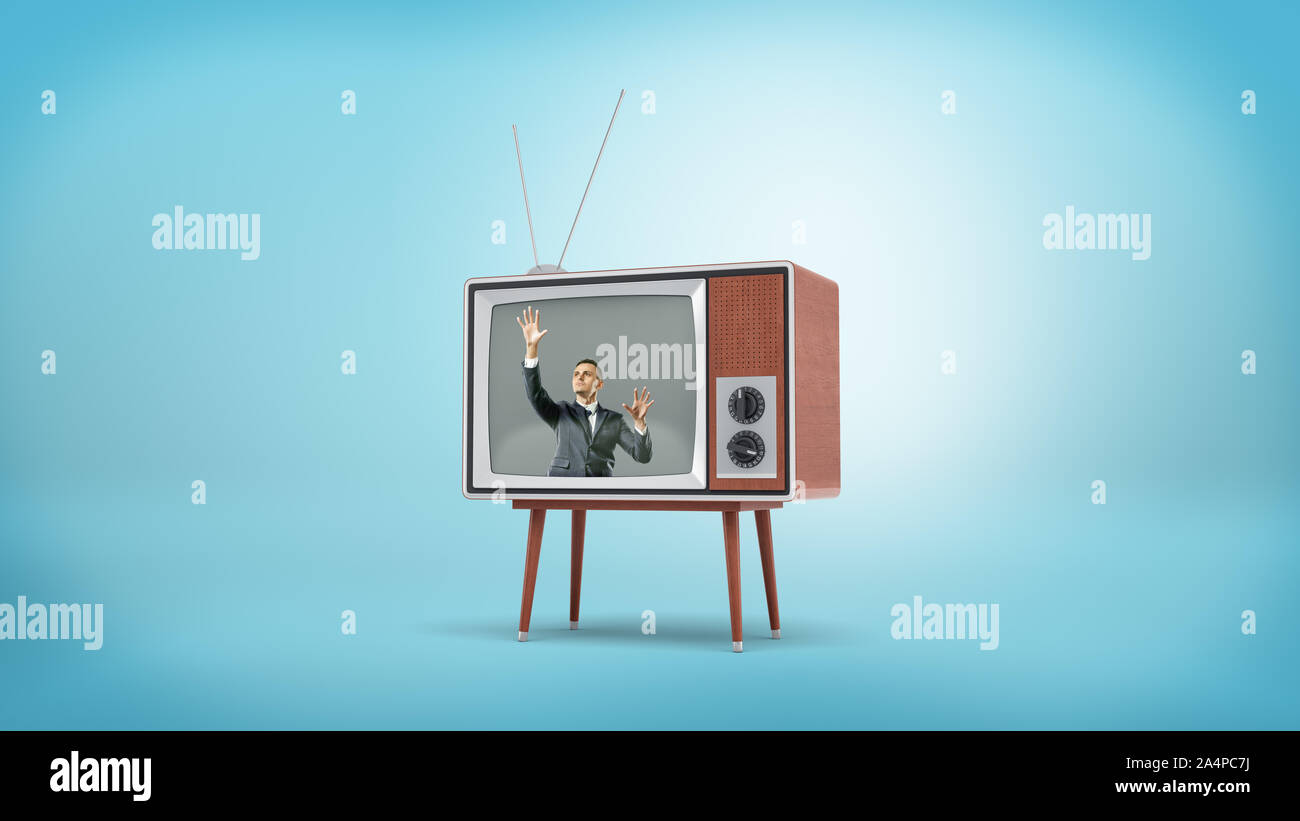 A businessman inside a retro TV screen puts his hands flat on the ...