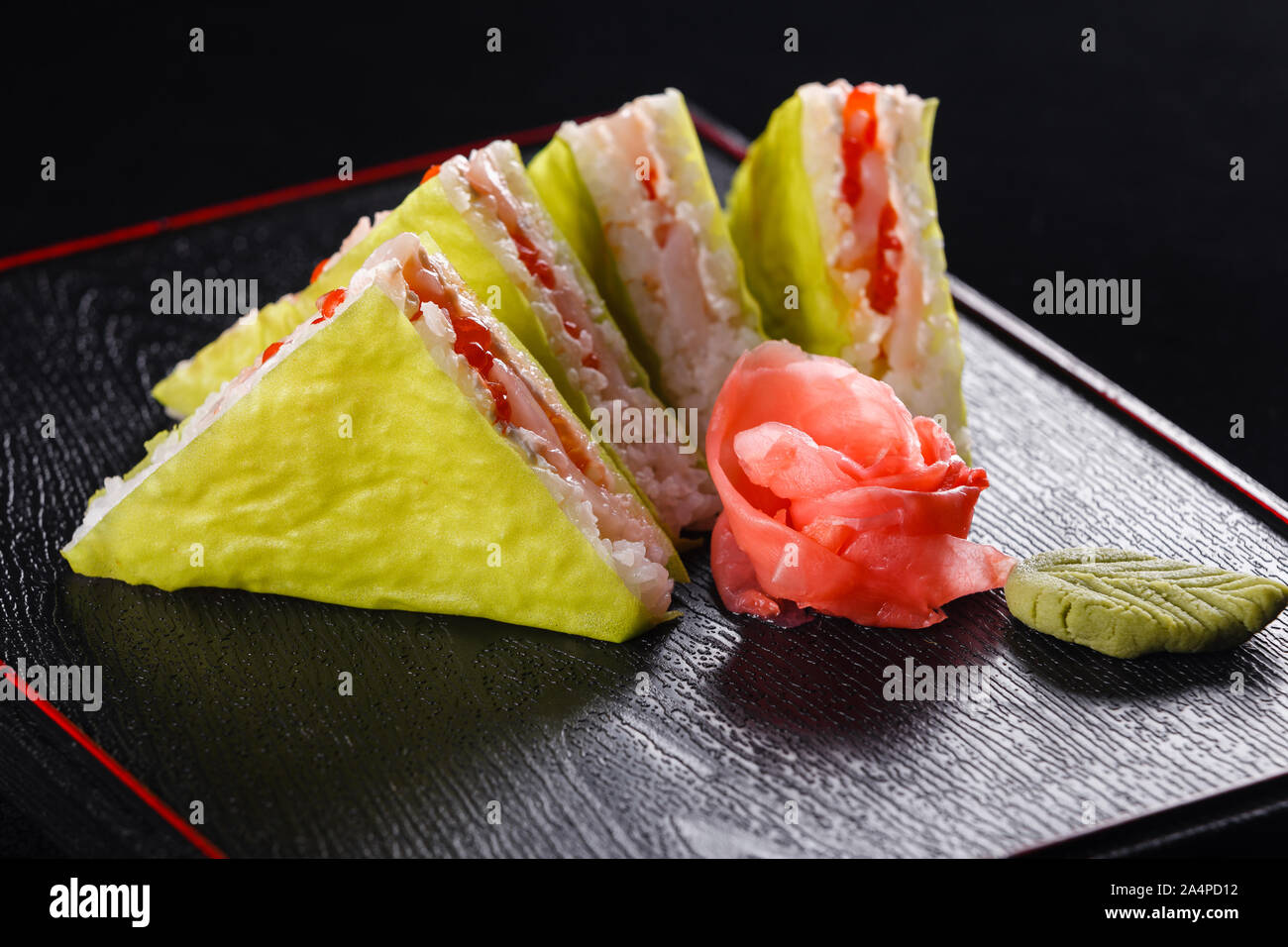 Triangular pieces. Japanese food, tasty of meal for lunch. Seafood ...