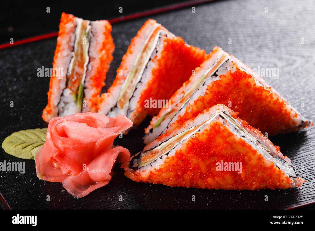 Triangular pieces. Japanese food, tasty of meal for lunch. Seafood ...