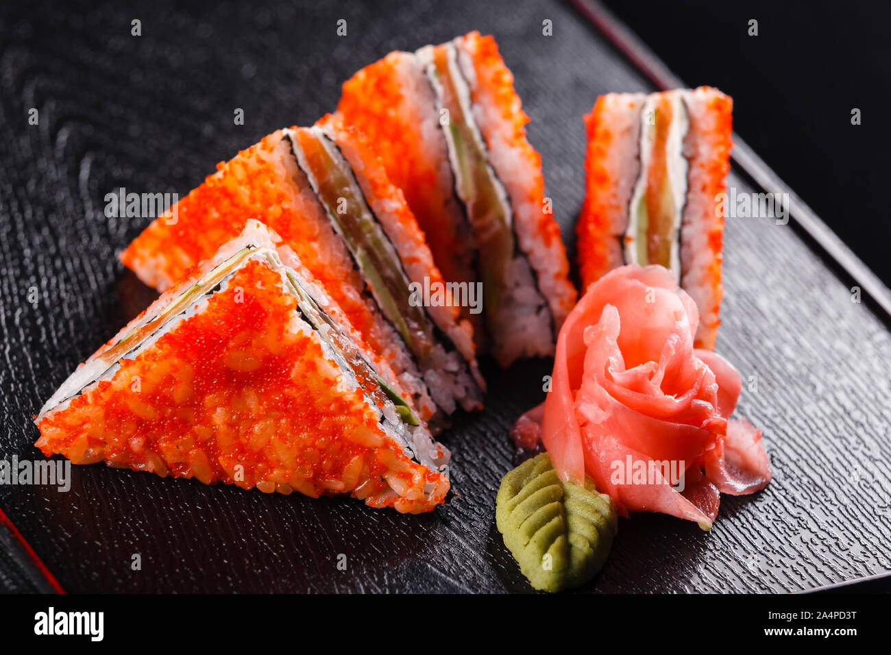 Triangular pieces. Japanese food, tasty of meal for lunch. Seafood ...