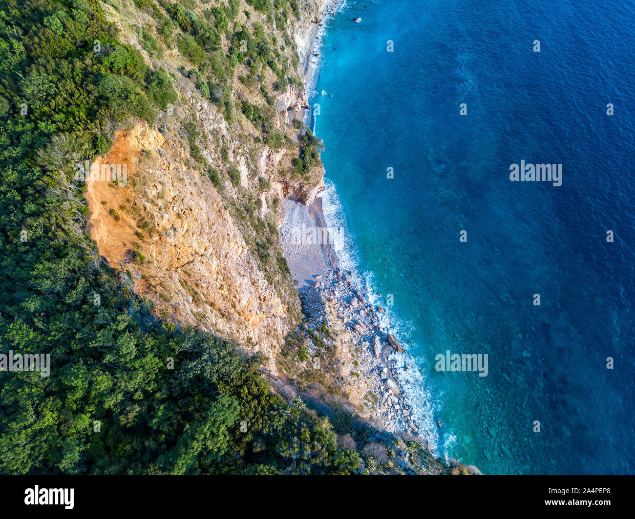 Aerial view of Sveti Nikola, Budva island, Montenegro. Jagged coasts ...