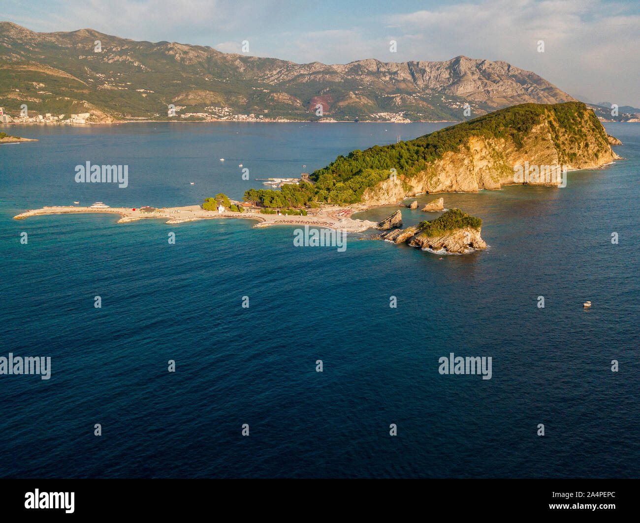 Aerial view of Sveti Nikola, Budva island, Montenegro. Jagged coasts ...