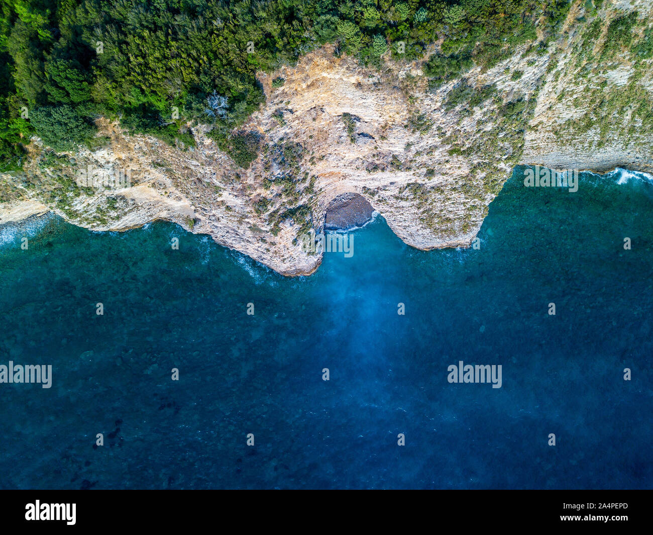 Aerial view of Sveti Nikola, Budva island, Montenegro. Jagged coasts ...