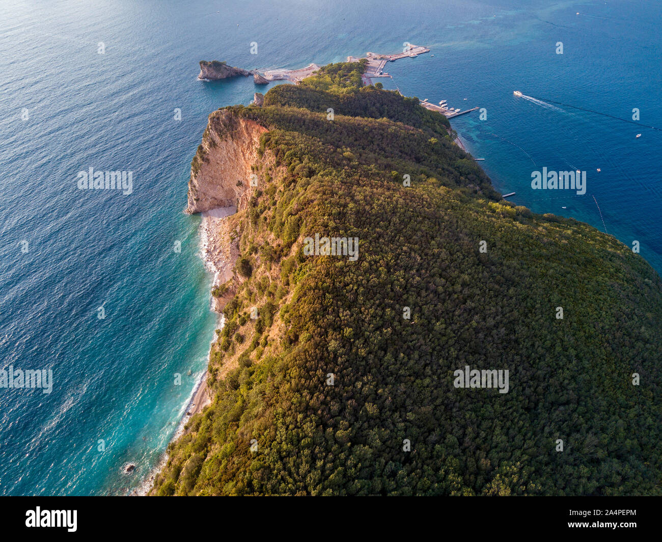 Aerial view of Sveti Nikola, Budva island, Montenegro. Jagged coasts ...
