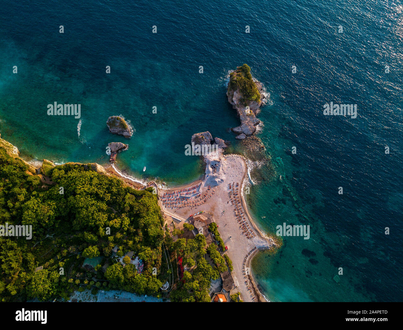 Aerial view of Sveti Nikola, Budva island, Montenegro. Hawaii beach ...
