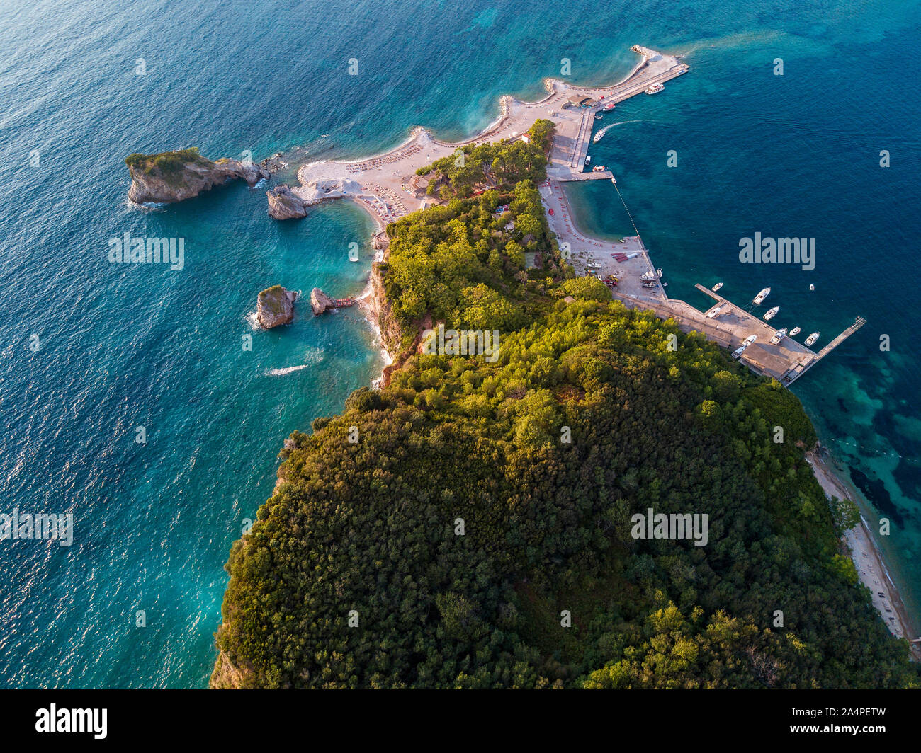 Aerial view of Sveti Nikola, Budva island, Montenegro. Jagged coasts ...