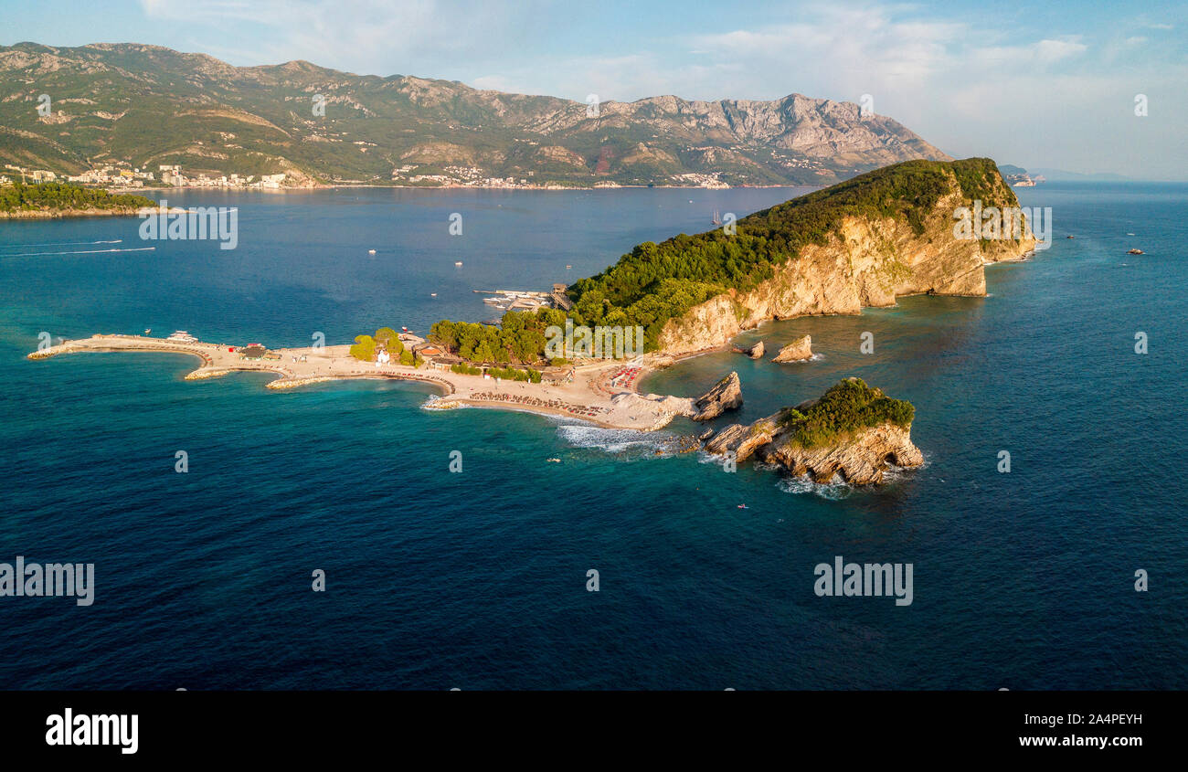 Aerial view of Sveti Nikola, Budva island, Montenegro. Jagged coasts ...