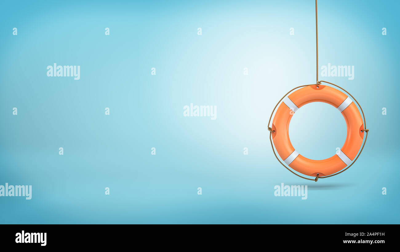 3d rendering of a single orange life buoy hangs down from a rope on a ...