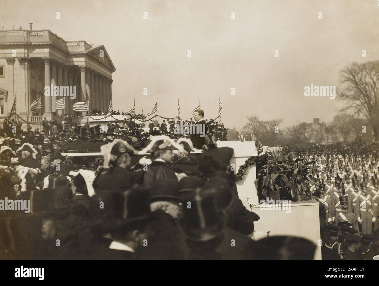 U.S. President Theodore Roosevelt Addressing crowd at his Inauguration, Washington, D.C., USA ...