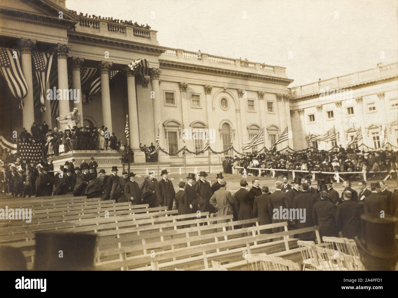 U.S. President Theodore Roosevelt arriving on Stand Amongst Crowd of Diplomats and Dignitaries ...