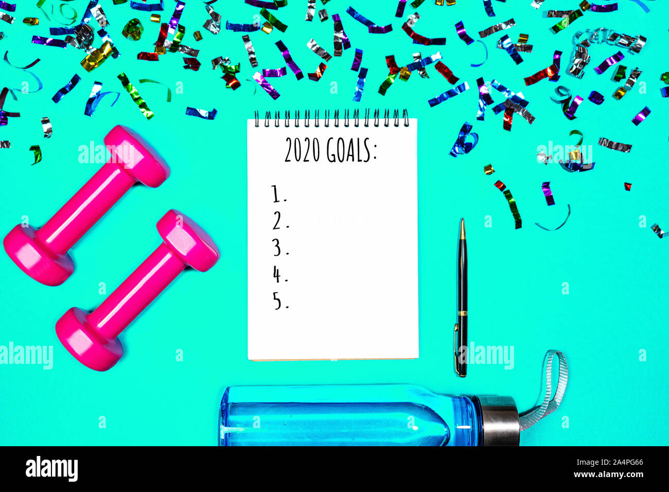 Goals list for New Year Holiday. Christmas sport set with dumbbells ...