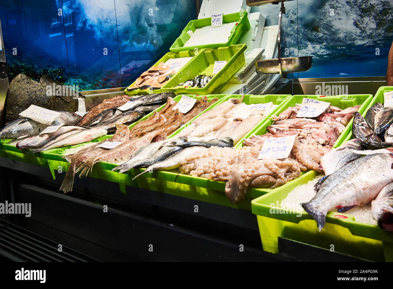 A fishmonger's stall at La Ribera market in the Old town of Bilbao ...