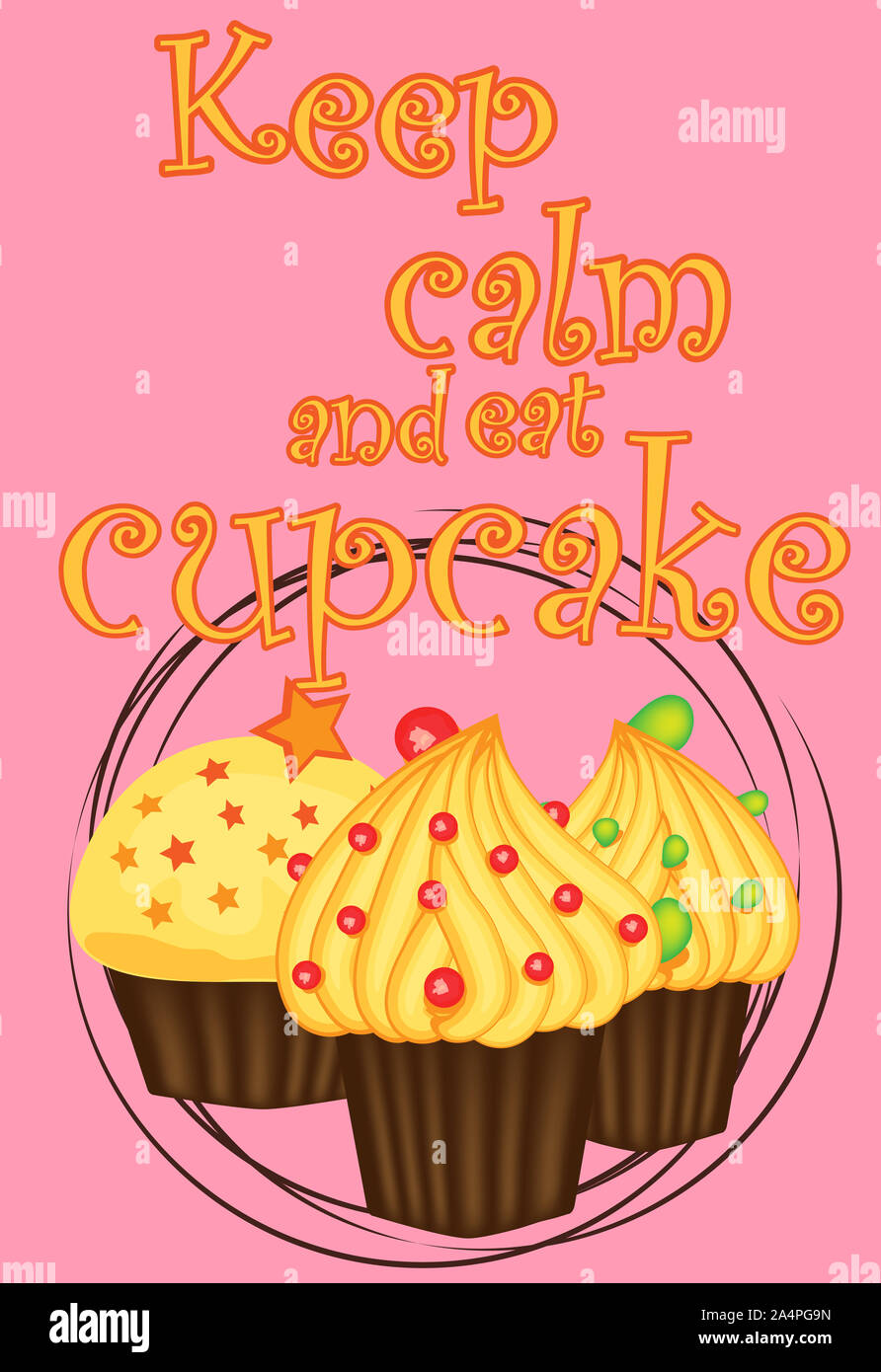 Decorative card with cupcakes and positive quote 'Keep calm and eat ...