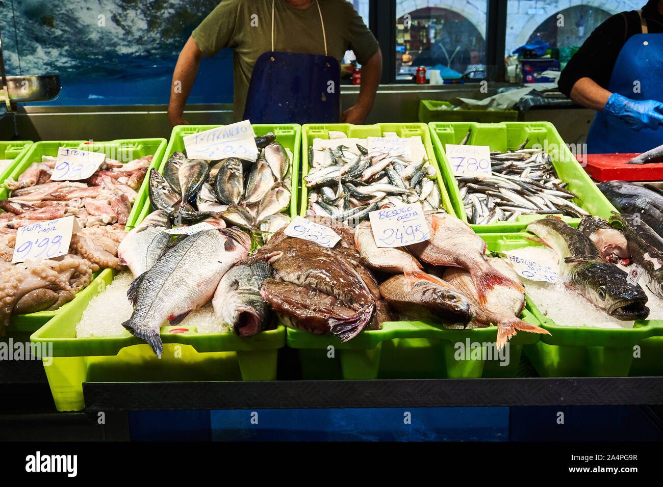 A fishmonger's stall at La Ribera market in the Old town of Bilbao ...