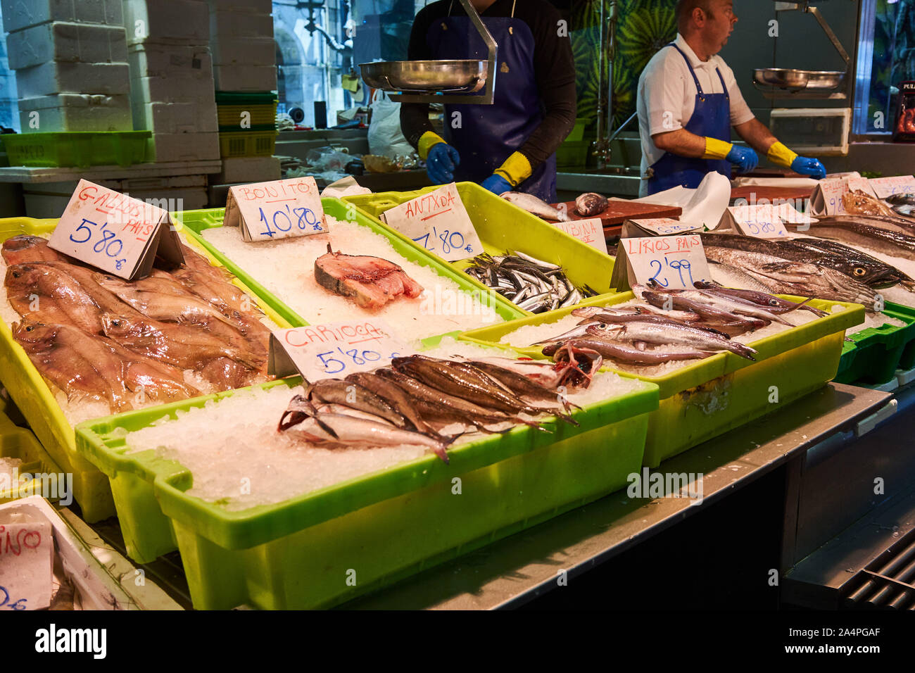 A fishmonger's stall at La Ribera market in the Old town of Bilbao ...