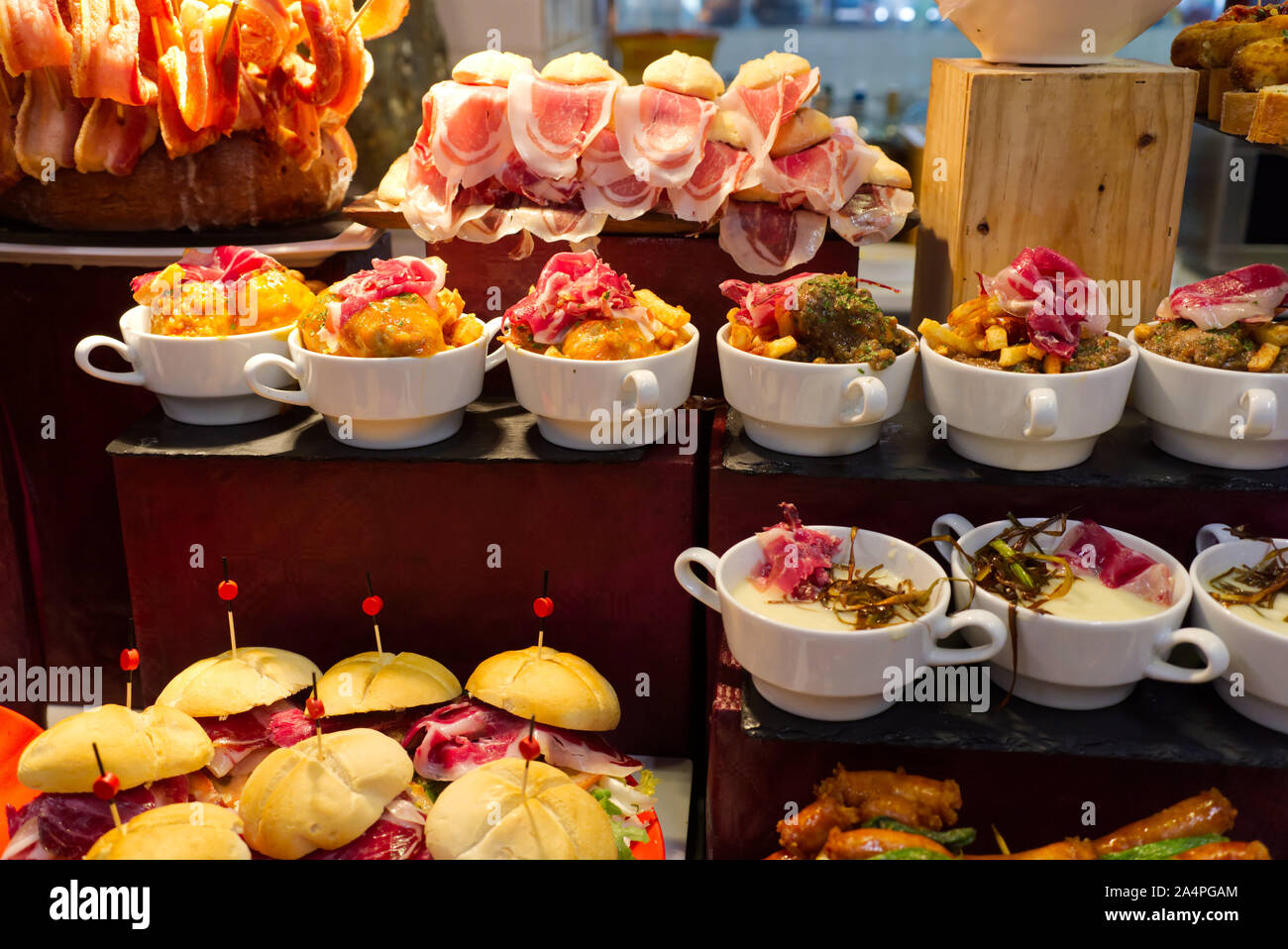 Some ready prepared tapas and pinchos at La Ribera Plaza, gourmet area ...