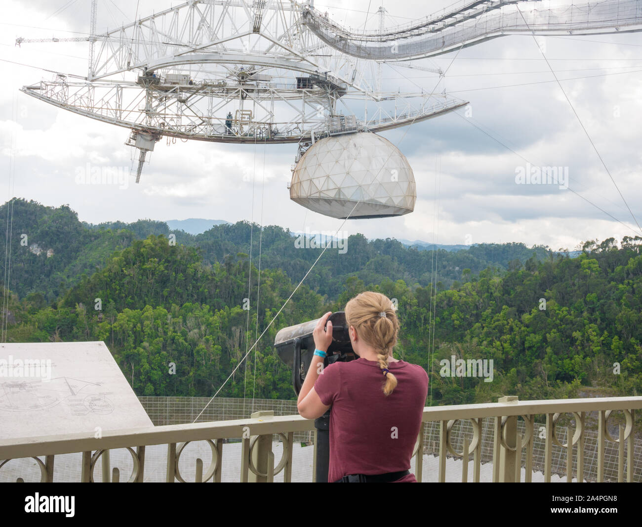 Woman watching the installation of Arecibo observatory with the help of ...
