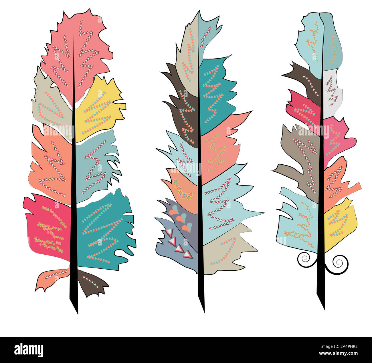 Native american indian feathers. Set of hand drawn rustic decorative ...